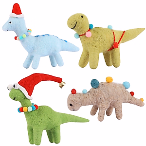 Juegoal Christmas Felt Dinosaurs Ornaments Set of 4, Xmas Wool Dinosaur Hanging Decor, Felt Animal Crafts Woodland Cute Christmas Tree Wreath Decor for Home Dinosaur Themed Birthday Party Supplies