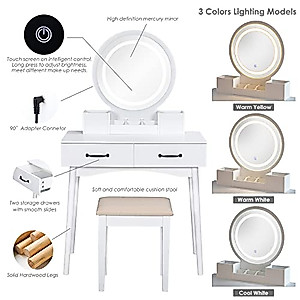 UTEX Makeup Vanity Desk with Round Mirror and Lights,White Vanity Makeup Table, Small Vanity Table with 2 Drawers, 3 Lighting Modes Dresser Desk and Cushioned Stool Set for Bedroom, White