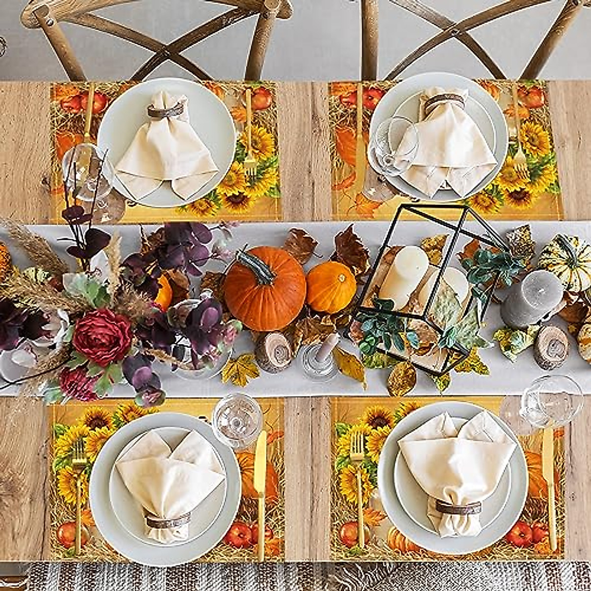 Fall Placemats Set of 4 Thanksgiving Pumpkin Table Placemats, 12x18 Inch Autumn Farmhouse Rustic Seasonal Holiday Outdoor Dining Table Place Mats for Home Party Dining Decoration(Sunflowers)