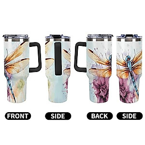 40 Oz Vacuum Tumbler with Black Handle Leakproof Insulated Tumbler Dragonfly Watercolor Painting Stainless Steel Travel Mug with Lid And Straw Coffee Cup Cute Water Bottles Cup Holder Friendly