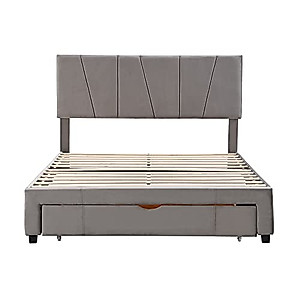 LCH Queen Size Upholstery Platform Bed, Wooden Queen Size Platform Bed Frame with 1 Drawer and Adjustable Headboard, Queen Storage Bed for Kids Teens Adult Bedroom (Grey)