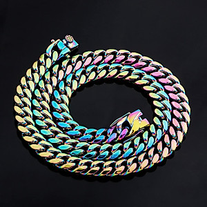 ROWIN&CO Mens Chunky Miami Cuban Link Chain - Rainbow Multicolor Stainless Steel Curb Necklace, Nickel-free, Colorful Chains, Hip Hop Jewelry Choker Chain, 15mm/18-35 inch.