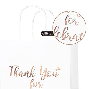 Medium Size Thank You Gift Bags with Tissue Paper - 12 Pack Bulk Kraft Paper Bags with Gold Foil Print and Handle for Birthday Party, Baby Shower, Wedding Celebration, Size 8"L x 4"W x 10"H (White)