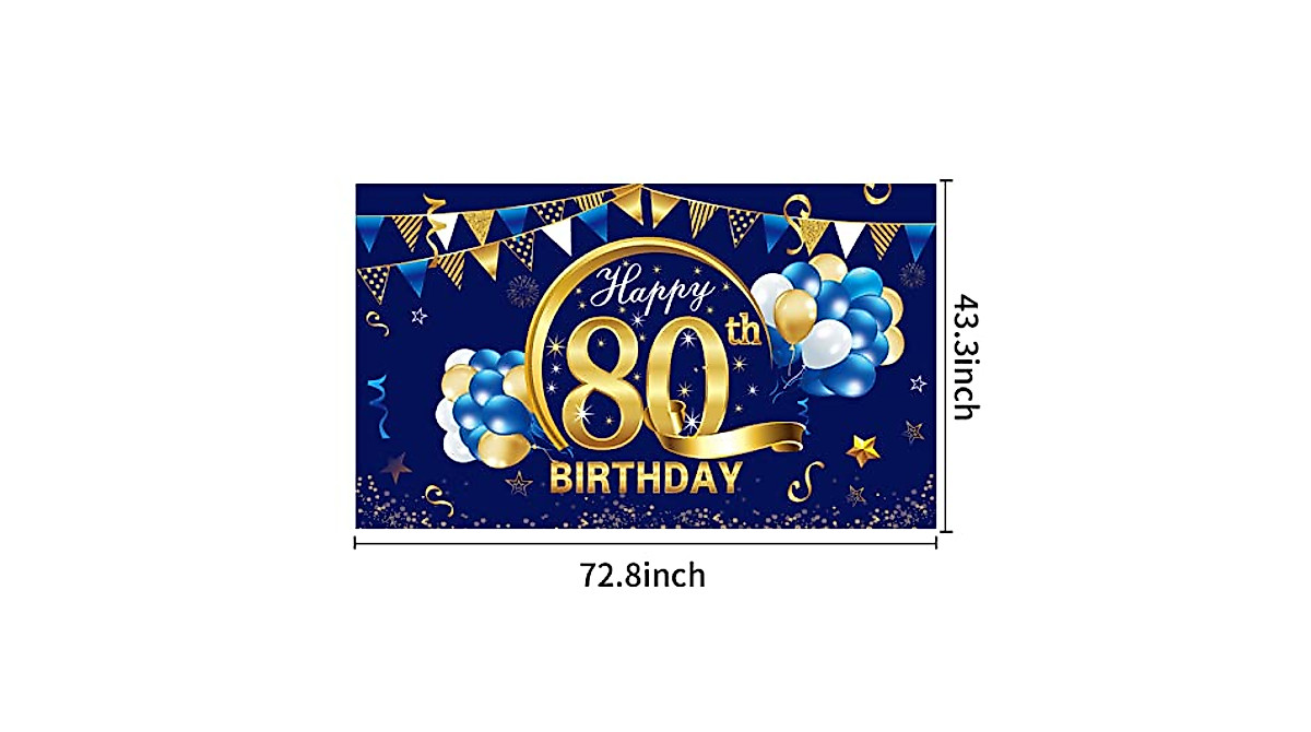 Blue Gold 80th Birthday Banner for Men - Party Decor & Backdrop