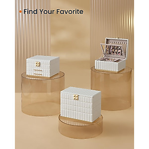 SONGMICS HOME ANAH Collection - 2-Tier Jewelry Box with Mirror, Jewelry Organizer, Removable Tray, PU Surface with Stitching, Floating Effect, 8.5 x 9.4 x 5.3 Inches, Christmas Gift, Cloud White