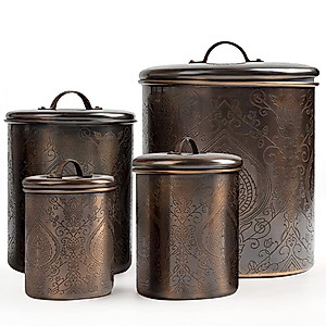 nu steel (Set of 4 Antique Etched Kitchen Organization Canisters Set- Copper & Stainless Steel