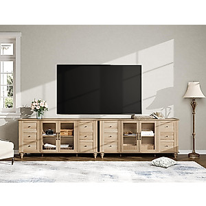 WAMPAT 2 in 1 Glass Door Farmhouse TV Stand for TVs Up to 110 inch, Wood Universal TV Console Table with Storage Cabinets, Entertainment Center for 32-110 inch TV Console Cabinet, 116'', Oak