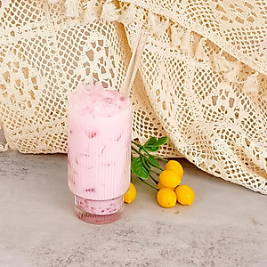 Ribbed Glassware Set of 4, 14oz Ribbed Glass Cups with Glass Straw, Ribbed Juice Glass Fluted Glassware Ribbed Drinking Glasses for Margaritas Whiskey Smoothie Ice Tea Coffee Soda Cocktail Beer Gift