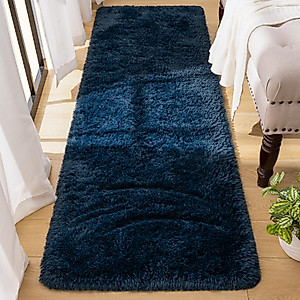 Maxsoft Soft Shaggy Runner Rug for Bedroom, 2x6 Feet Indoor Modern Fluffy Area Rugs Fuzzy Carpet for Hallway Bedside, Upgrade Non-Slip Shag Plush Rug for Dorm Living Room, Navy Blue