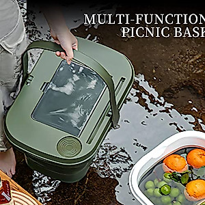 QMCAHCE Picnic Basket with Tableware and Tray Table, Foldable Basket, Collapsible Camping Basket with Handle, Portable Sink, Basin, Bucket for Hiking Yard BBQ(Green)