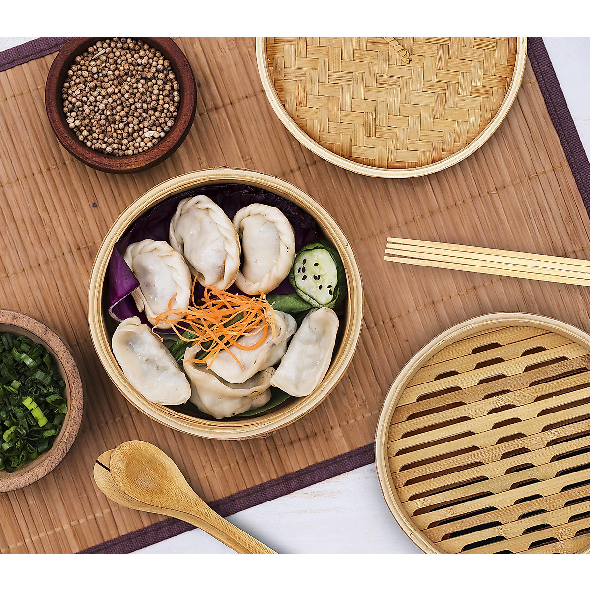 Bamboo Steamer 10 Inch - Basket 2 Tier Steam Cooker Pot for Rice, Dim Sum, Fish, Vegetable & Meat – Set of Two Bamboo Chopsticks, Steamer Liner and Steamer Basket