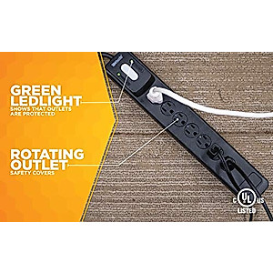 Woods 41496 Surge Protector With Safety Overload Feature 7 Outlets And 10 Ft Cord For 1440J Of Protection, Black