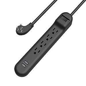 Wishinkle Surge Protector, 4 AC Multiple Plug Outlets with 2 USB Power Strip, 2.5 ft Flat Plug Extension Cord for Home, Office, Travel, School, Black