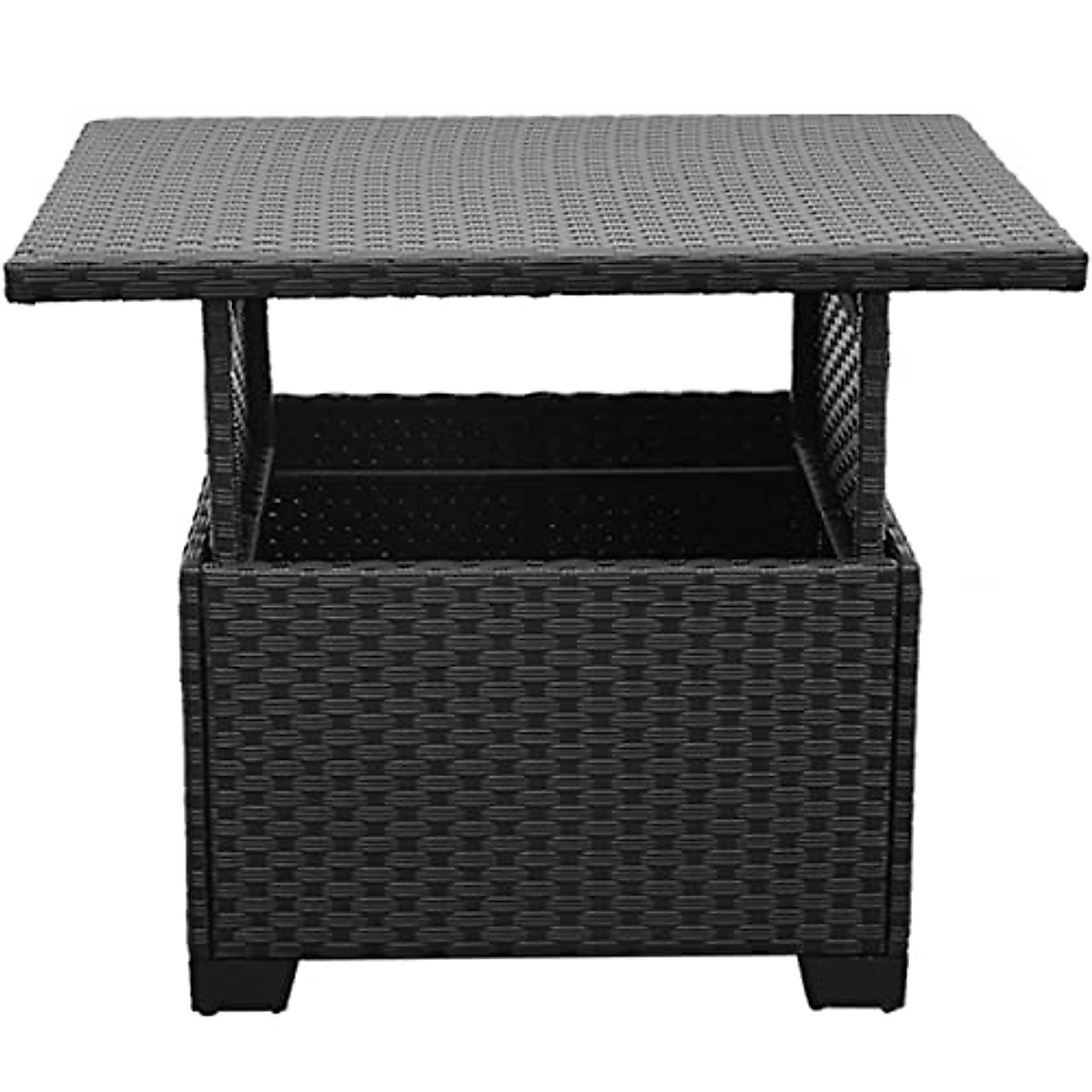 Outdoor PE Wicker Liftable Coffee Table - Patio Rattan Garden Furniture Multi-Functional Storage Tea Table, Black