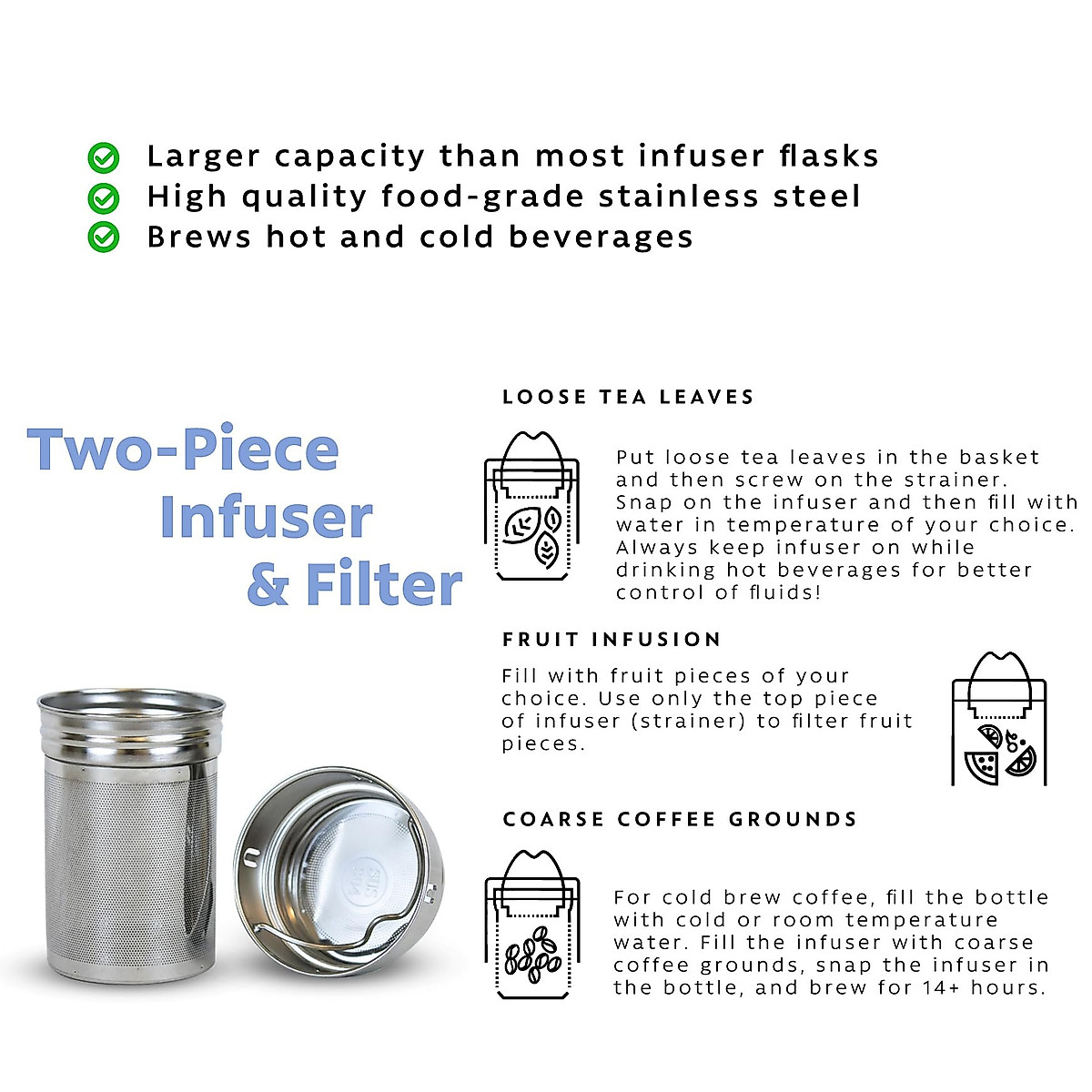 Here & Now Supply Co. 25 oz Multi-Function Travel Mug and Tumbler | Tea Infuser Water Bottle | Fruit Infused Flask | Hot & Cold Double Wall Stainless Steel Coffee Thermos (Celestial Blue)