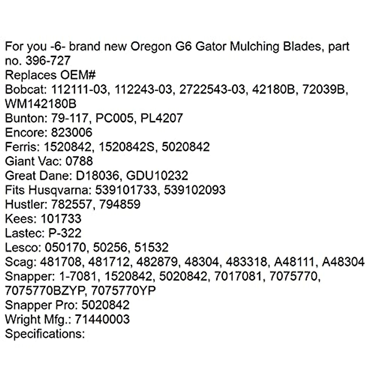 6PK 396-727 G6 Blade for 61" Cut 20842 20842S 481712 5020842