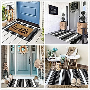KaHouen Black and White Striped Outdoor Rug 27.5 x 43 Inches, Hand-Woven Reversible Foldable Washable Outdoor Rug Stripe for Layered Door Mats Porch/Front Door