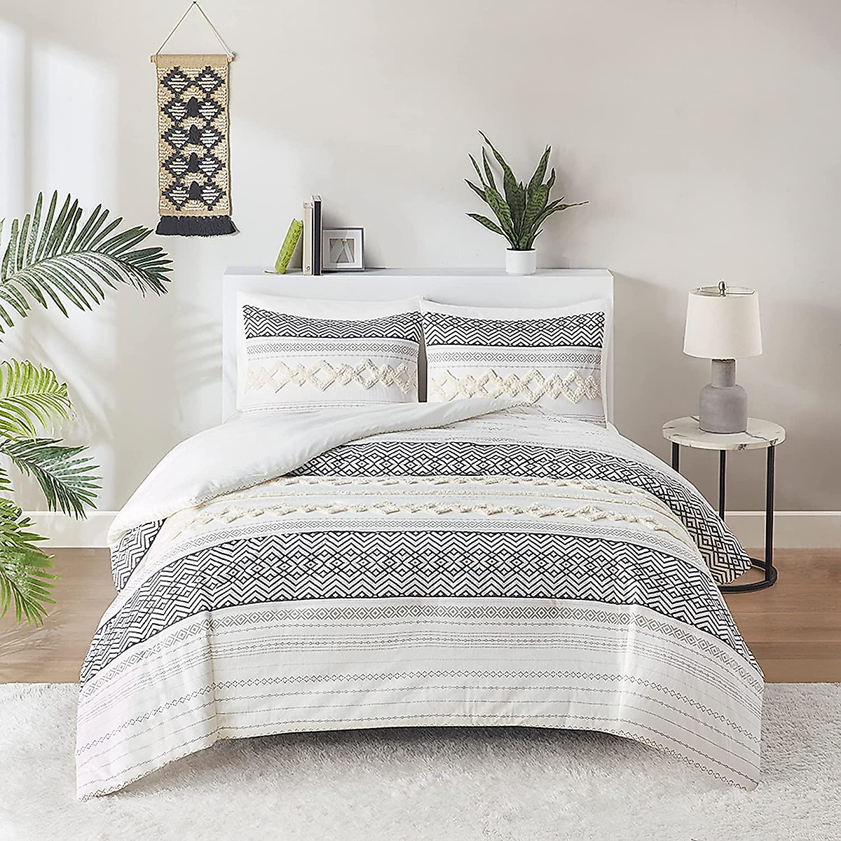 Hyde Lane Farmhouse Bedding Comforter Sets, Ivory Full/Queen Size Boho Bed Set,Cotton Top with Modern Neutral Style Clipped Jacquard Stripes, 3-Pieces Including Pillow Shams (90x90 Inches)