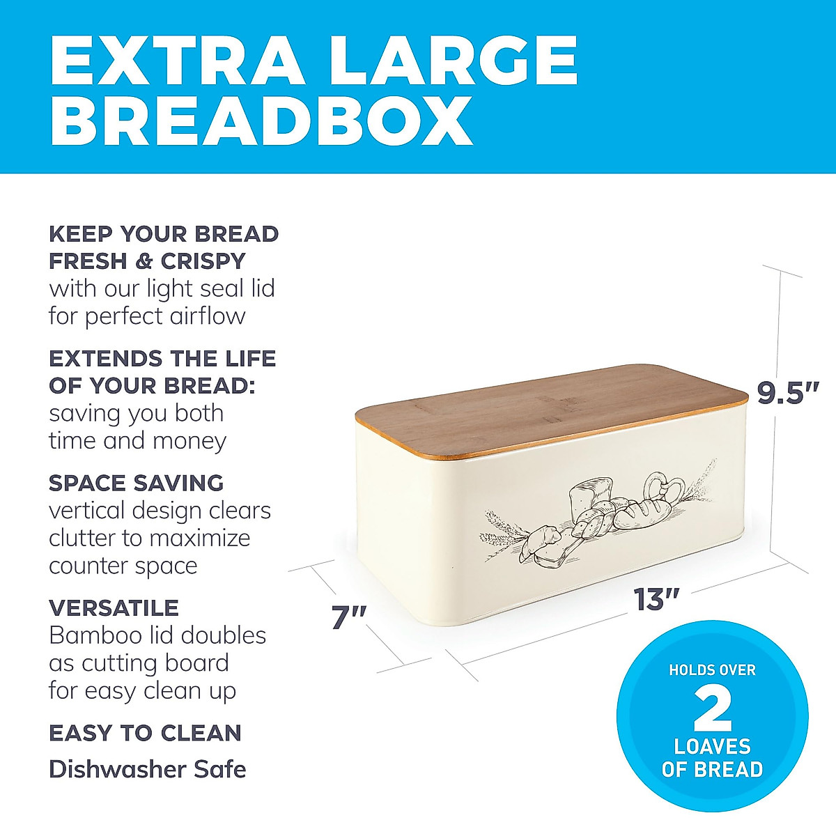 Extra Large Bread Box for Kitchen Countertop with Bamboo Cutting Board Lid - Vertical Space Saving Bread Holder Keeper Holds 2 Loaves - White Cream Farmhouse Breadbox Bread Storage, Bread Container