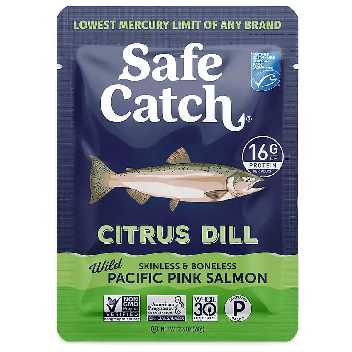 Safe Catch Skinless and Boneless Wild Pacific Pink Salmon Pouch, Citrus Dill Seasoned, Mercury Tested, Kosher, 2.6oz Pouches, Pack of 12