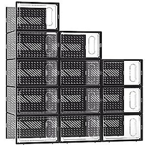 eWonLife Large Storage Box with Magnetic Door, 12 Pack Clear Plastic Stackable Sneaker Organizer for Closet, Connect Left and Right Shoe Containers Bins for Entryway, Drop Front, Under Bed, Black