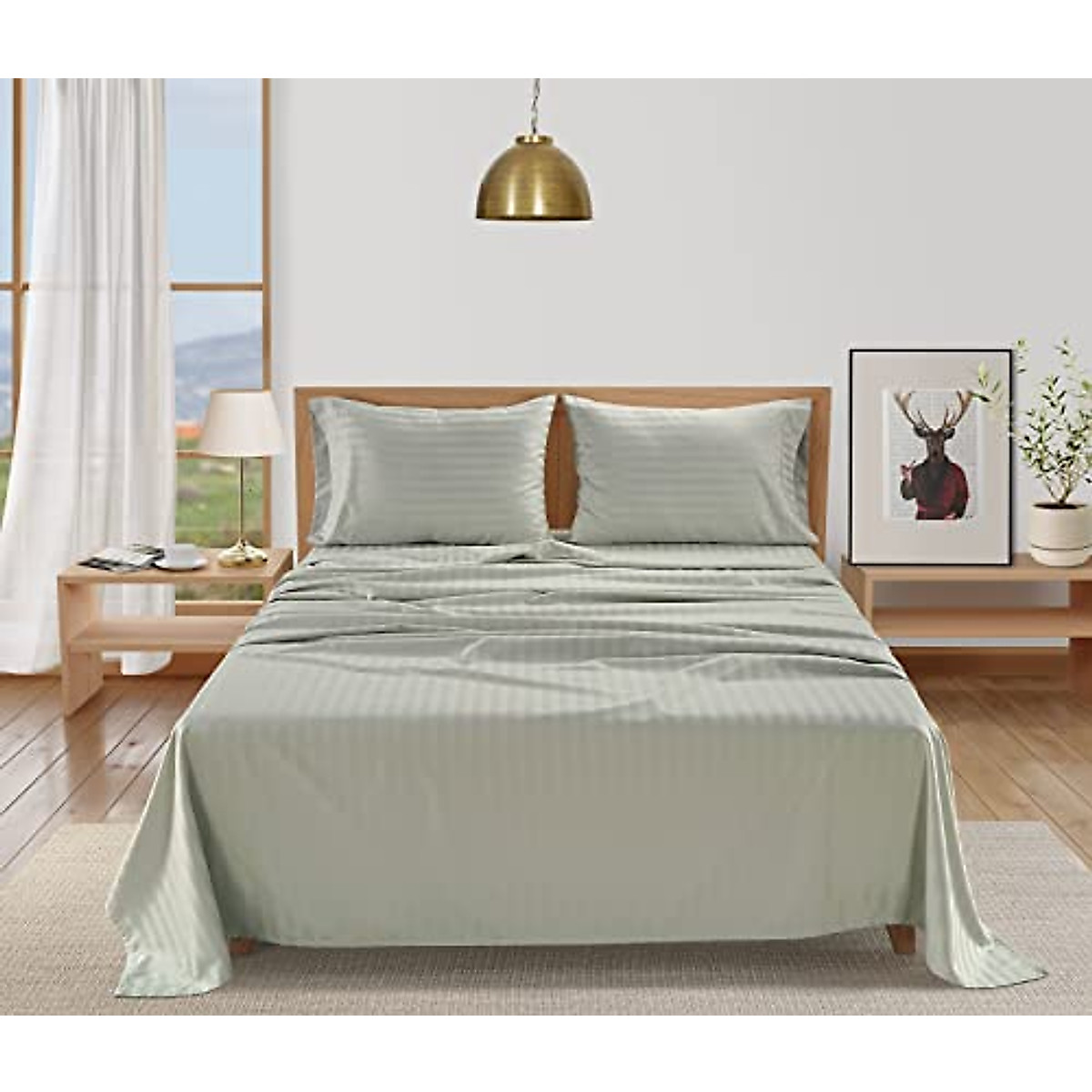 100% Egyption Cotton Full Size Solid Sheet Set & Striped Sheets Set of 2 Combo- 800 Thread Count Sateen Weave Cal KIng Size Solid Sheets & Striped Sheets, Deep Pocket Cotton Bedsheets - Mineral