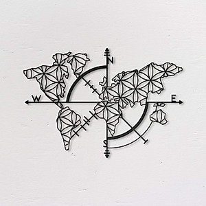 northshire Metal World Map Wall Art, Compass Wall Hanging Decor for Bedroom Kitchen Bathroom Living Room (Black 40"x 28")