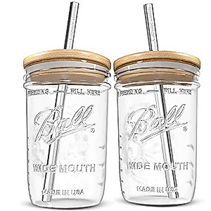 Reusable Boba Bubble Tea & Smoothie Cups - 2 Glass Wide Mouth 16oz Mason Jars with Bamboo Lids - 2 Reusable Silver Stainless Steel Boba Straws