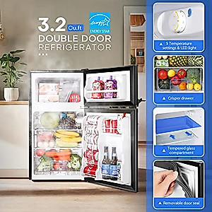 Upstreman 3.2 Cu.Ft Mini Fridge with Freezer, Double Door Mini Fridge, Adjustable Thermostat, Mini Refrigerator for Dorm, Office, Bedroom, Black