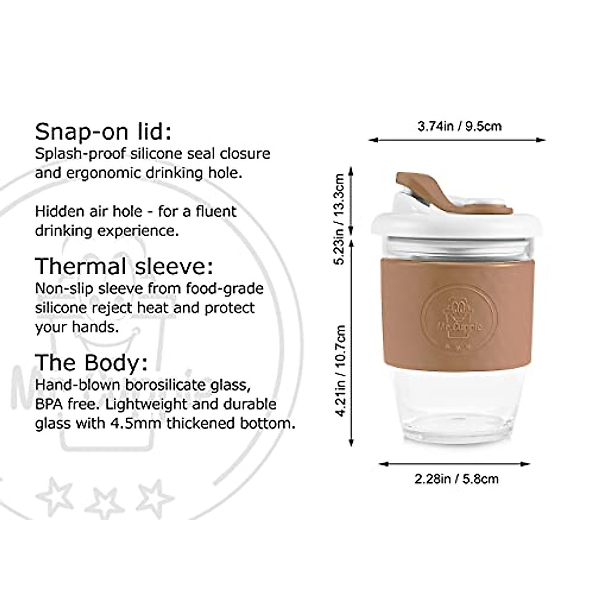 Mr.Cuppie 12 oz Glass Reusable Coffee Cups with Lids, Glass Travel Mugs with Non-slip Sleeve Dishwasher and Microwave Friendly Cup, Glass Tumbler Eco-Friendly Coffee Travel Mug (Mocha)