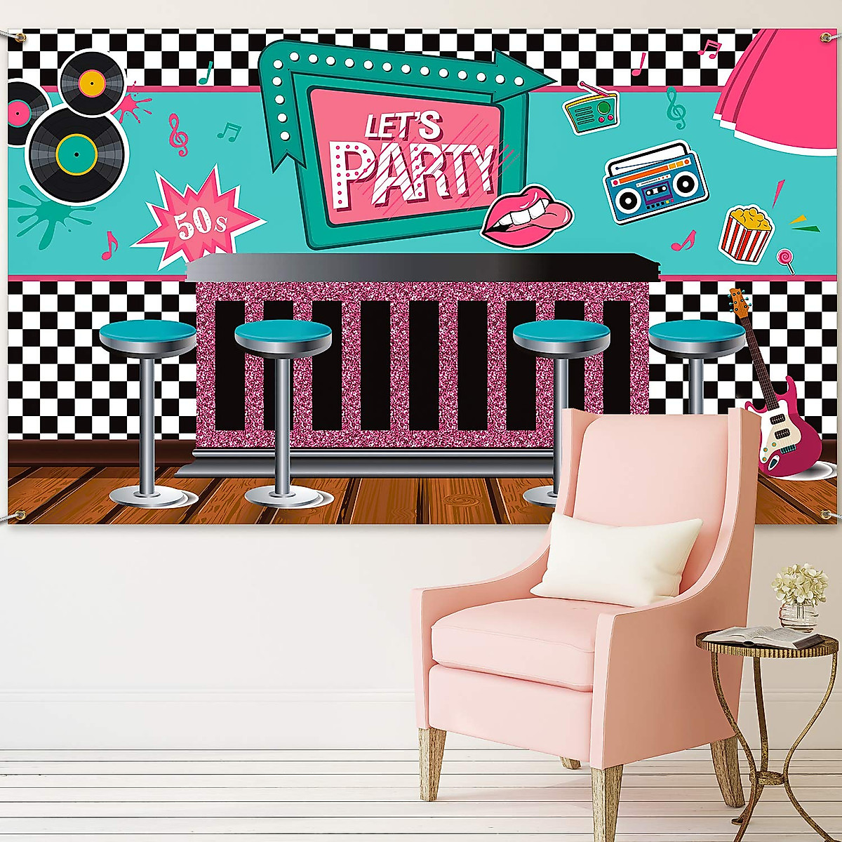 Back to 50's Rock and Roll Party Banner Rocking Party Backdrop 1950s Soda Shop Banner Retro Diner Decoration Background Photography Photo Props for Disco Studio Booth Supplies, 72.8 x 43.3 inch