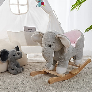 SpecialYou Baby Rocking Horse Wooden Rockers with Seat Elephant Rocking Horse Ride Plush Stuffed Animals Toy -Set of 2, Boy Girl Kids Ride on Toys for 10 Months to 3 Years Old, 25" Lx10 Wx16 H, Gray