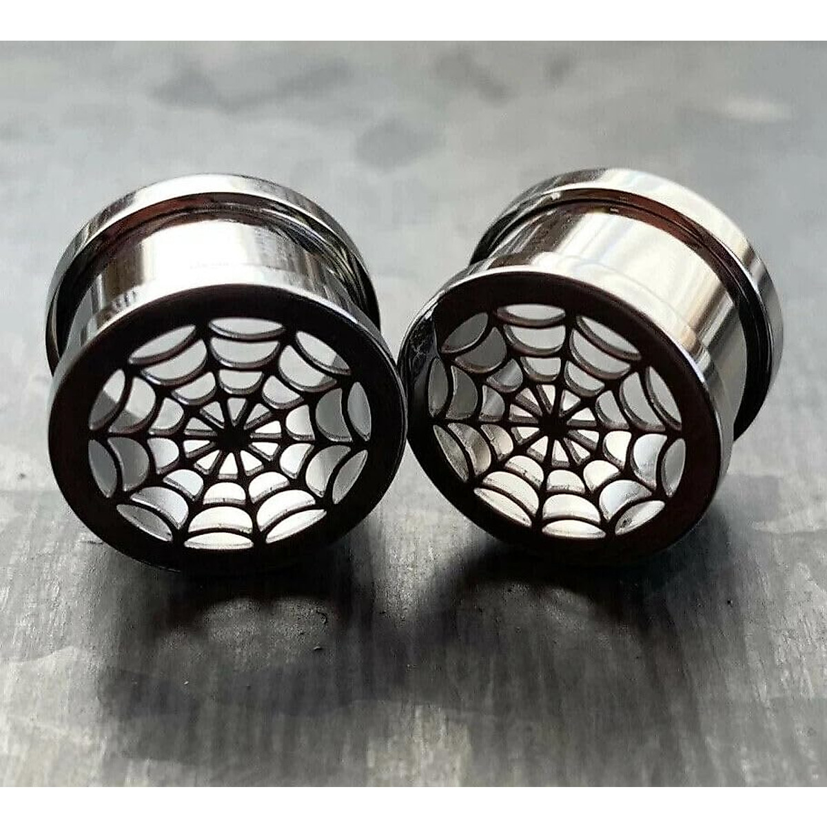 Lobal Domination PAIR of Spider Web Screw Fit Steel Tunnels Spiderweb Ear Plugs - 2g thru 1" (2g (6mm))