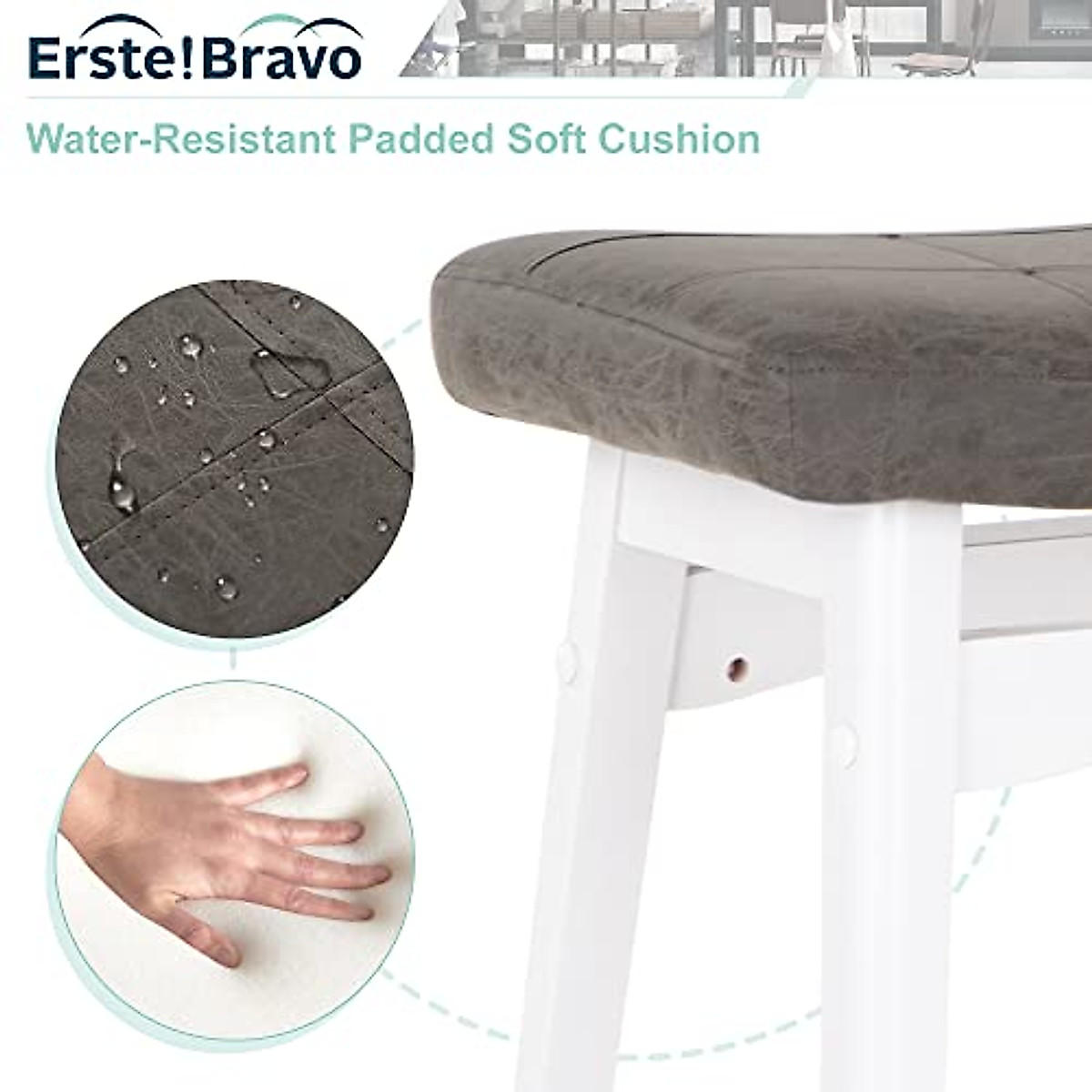Erste!Bravo White Solid Wood Bar Stools Set of 2 for Kitchen Counter Height Barstools with Faux Leather Saddle Seat Farmhouse Upholstered Stools for 34"-38" Counter Island, Grey Cushion & White Legs