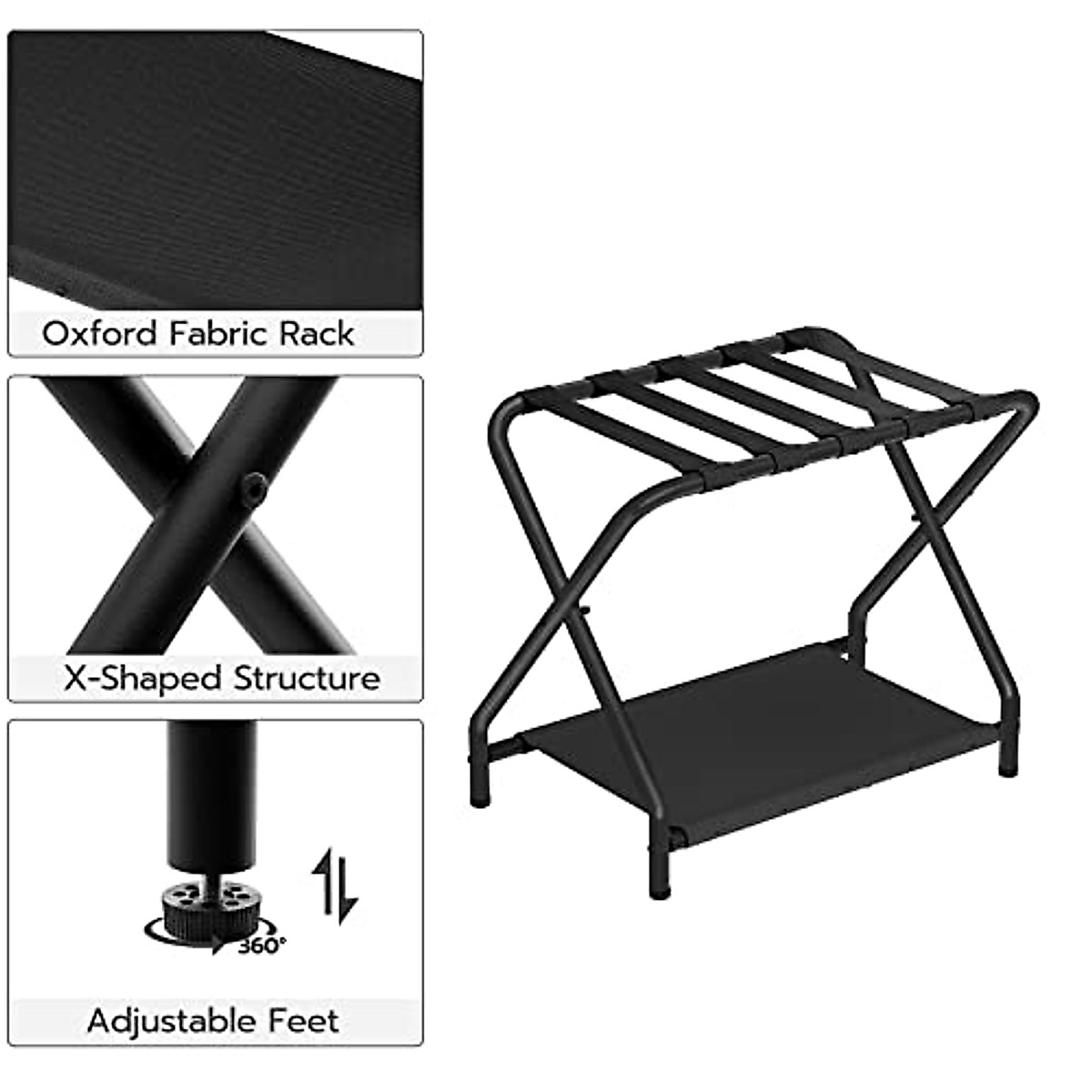 HOOBRO Folding Luggage Racks Set of 2, Suitcase Stand with Fabric Storage Shelf for Guest Room, Metal Luggage Holder, 27 x 15.3 x 22 Inches, Bedroom, Hotel, Space Saving, Black BK04XLP201