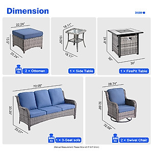 XIZZI Patio Furniture Sets Outdoor Swivel Rocking Chairs with 50,000 BTU Propane Fire Pit Table 7 Pieces All Weather PE Wicker Conversation Sofa and Matching Side Table,Grey Wicker Denim Blue