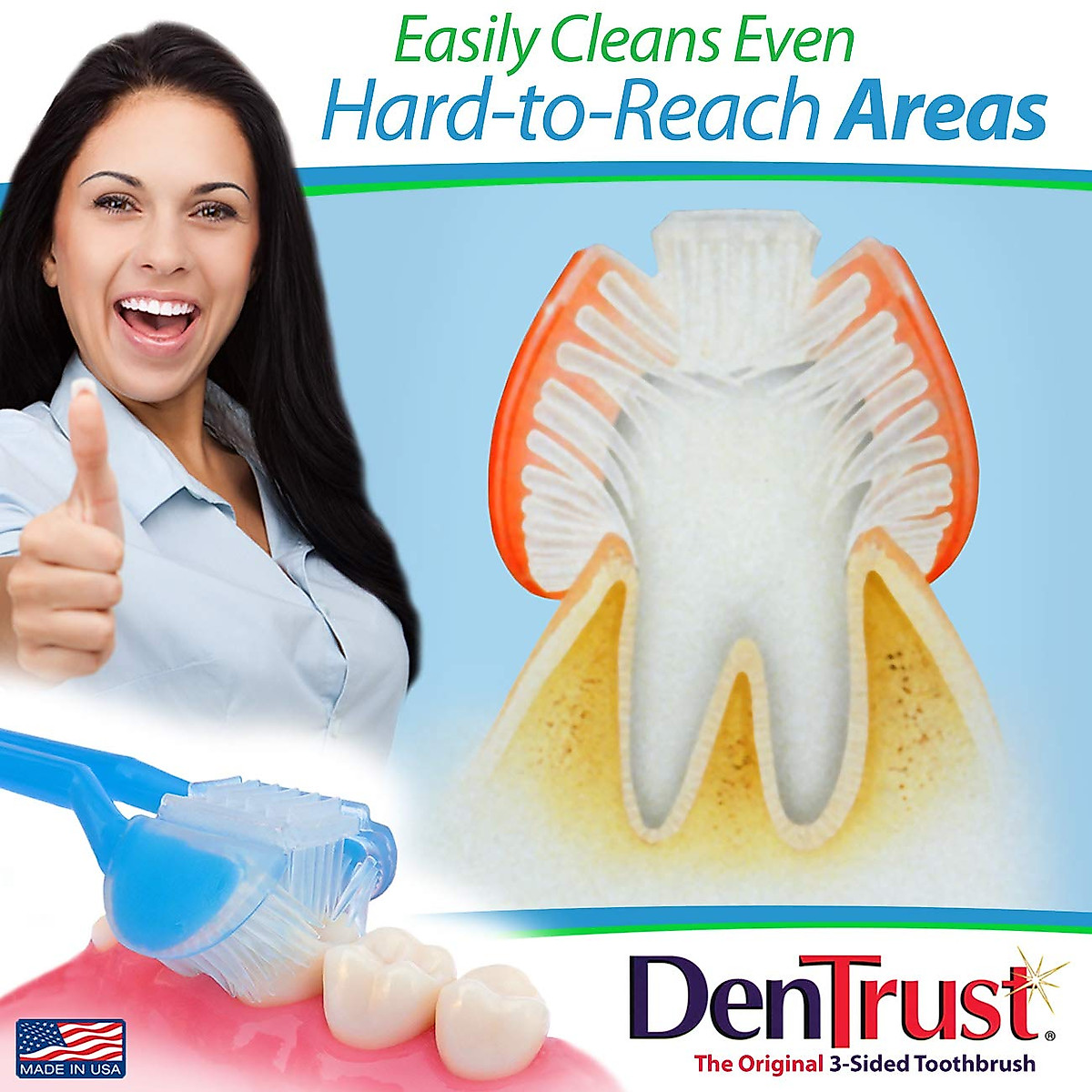 DenTrust 2-PK 3-Sided Toothbrush | Made in USA | Ultra Soft | Triple Clean + Tongue Scraper | Kids Children Braces Special Needs