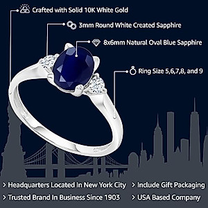 Gem Stone King 10K White Gold Blue Sapphire and White Created Sapphire 3-Stone Engagement Ring | 1.89 Cttw | 3 Stone Wedding Engagement Anniversary Promise Ring For Women (Size 9)