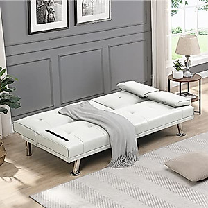 Antetek Futon Sofa Bed, Modern Convertible Upholstered Faux Leather Loveseat Sleeper Sofa Couch w/5 Adjustable Positions, Cup Holder for Living Room, Bedroom, Studio, Office, White