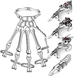 5 Pieces Full Finger Ring Punk Wristband Skull Fingers Hand Bracelet Skull Finger Skeleton Joint Bracelet Knuckle Full Ring for Halloween Accessories (Silver)