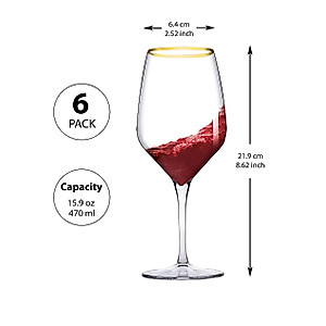 Biandeco Gold Rim Wine Glasses With Long Stem Set of 6, Laser-Cut Tempered Rim Crystal Clear Elegant Glassware for Drinking Wine, Sturdy Premium Blown Chalices, 15.9 oz