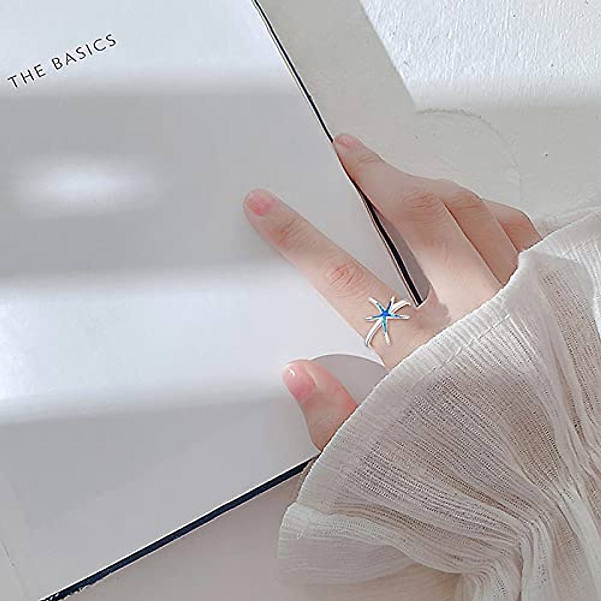 Cuoka Starfish Rings for Women, 925 Sterling Silver with Blue Opal Promise Hawaiian Beach Nautical Ocean Statement Fidget Ring Jewelry Birthday For Friend Wife