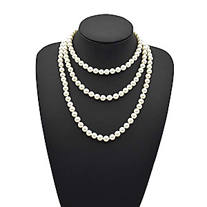 Long Layered Pearl Y Necklace - Boho 6mm Fake Pearls Beaded Choker Layering Statement Necklaces (White)
