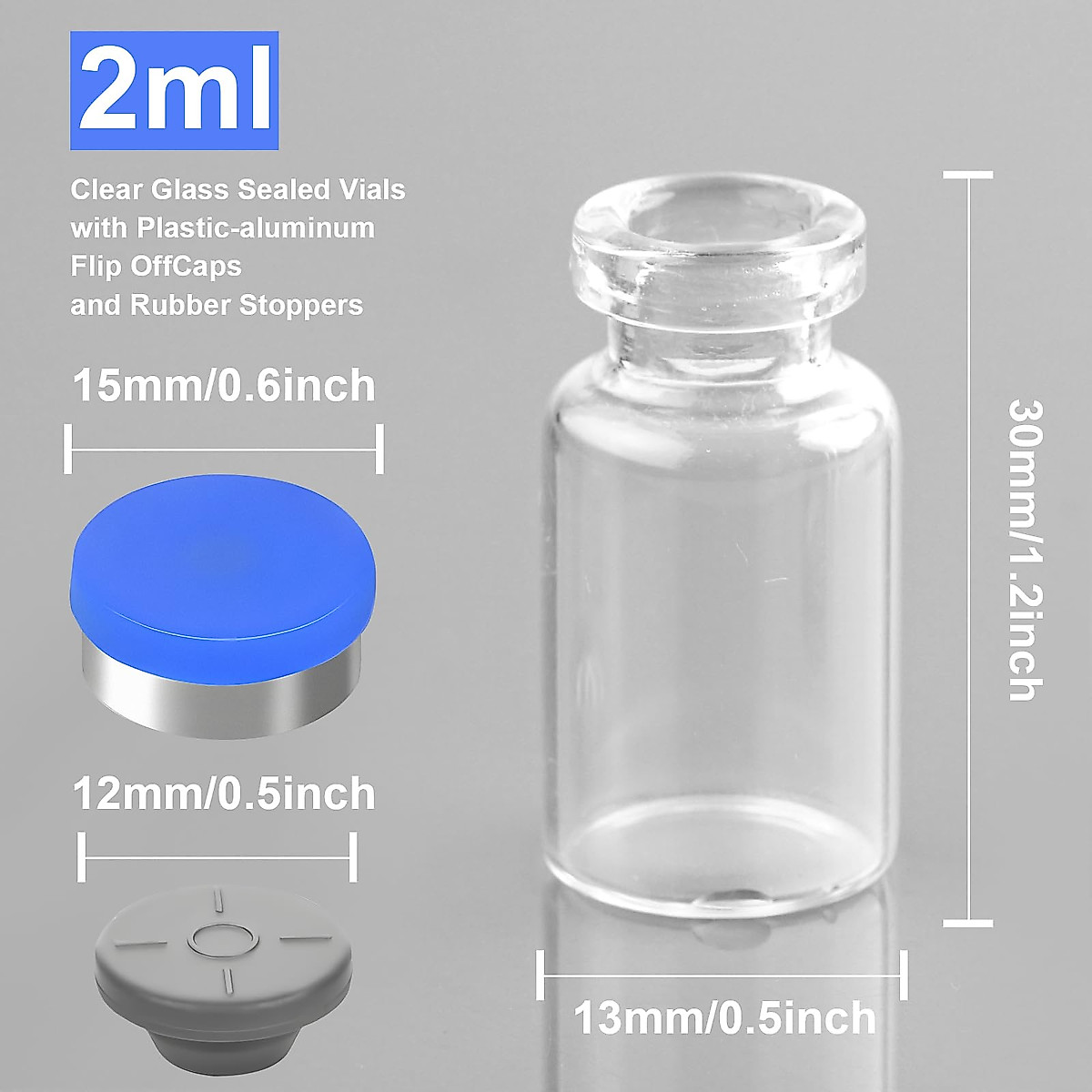 Ehoycq 2ml Sealed Vials with Self Healing Injection Port and Plastic-Aluminum Flip Caps,Glass Empty Vials for Injection 10 Pack