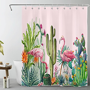 EOBTAIN Green Cactus Shower Curtain Flamingo and Western Succulent Plant with Flower on Pink Shower Curtain for Bathroom Tropical Jungle Polyester Fabric Bath Curtain with 10 Hooks 72x60 inches