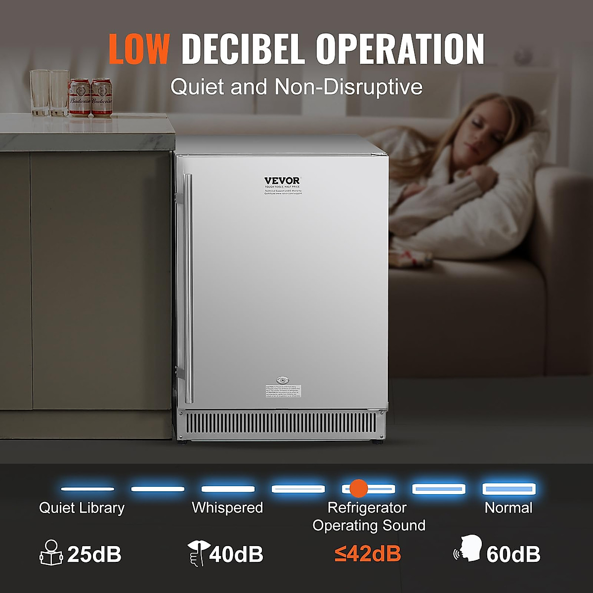 VEVOR 24 inch Indoor/Outdoor Beverage Refrigerator, 185QT Undercounter or Freestanding Beverage Fridge, 175 Cans Built-in Beer Fridge with Stainless Steel Body for Residential Home Bar Commercial Use