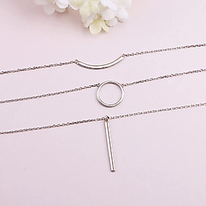 Boho Sterling Silver Dainty Layered Triple Layer Long Stacked Lariat Choker Stack Necklaces for Women Bar Circle Multi 3 Layering Chains