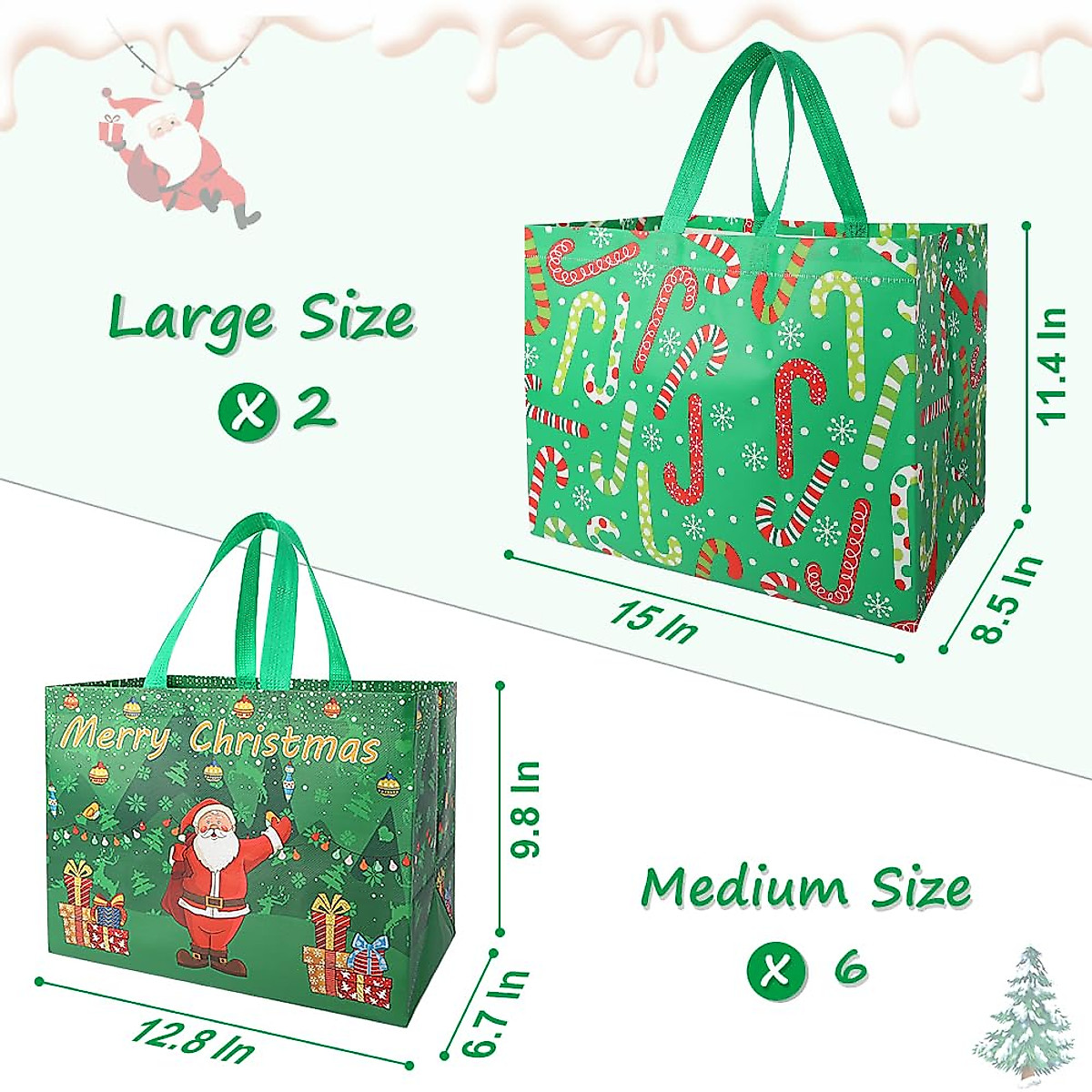 AKEROCK Large Christmas Gift Bags, Freestanding Christmas Bags with Handles and Paperboard, Reusable Xmas Gift Bags for Holiday Presents, Gift Giving, Shopping - 8 Pcs, 2 Different Sizes
