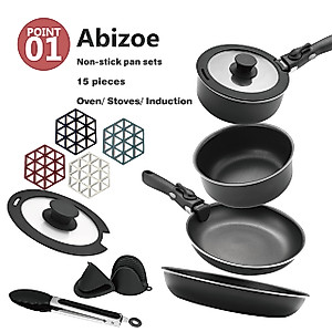 Abizoe 15 Piece Non-Stick Cookware Set Non-Stick Pans and Pots with Removable Handles, Space Efficient Excellent for RVs and Compact Kitchen (15 pieces)
