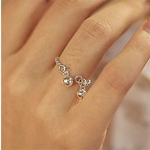 Dainty Ball Bell 925 Sterling Silver Adjustable Open Ring for Women Girls Expandable Boho Twisted Statement Finger Rings Comfort Fit Cute Charms Dangle Jewelry Christmas BFF Gift